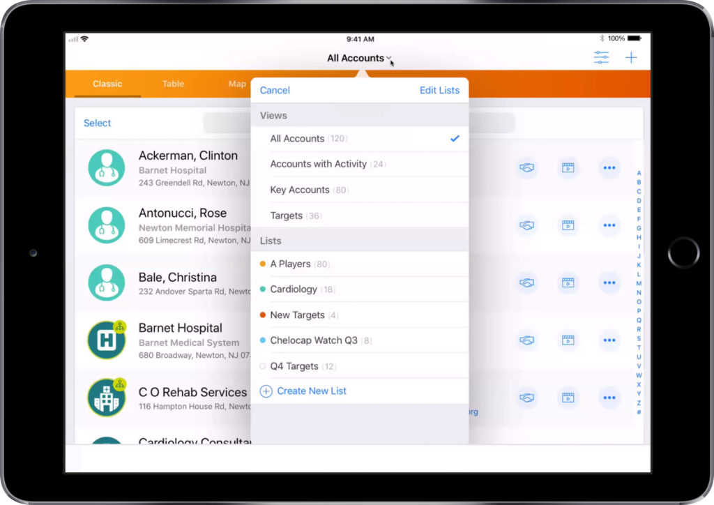 iPad App: Account List with View Selection Popup | Veeva MyInsights ...