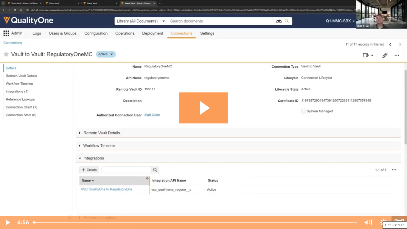 QualityOne Vault Connection: RegulatoryOneMC Configuration Details | Veeva Vault Screenshots ...